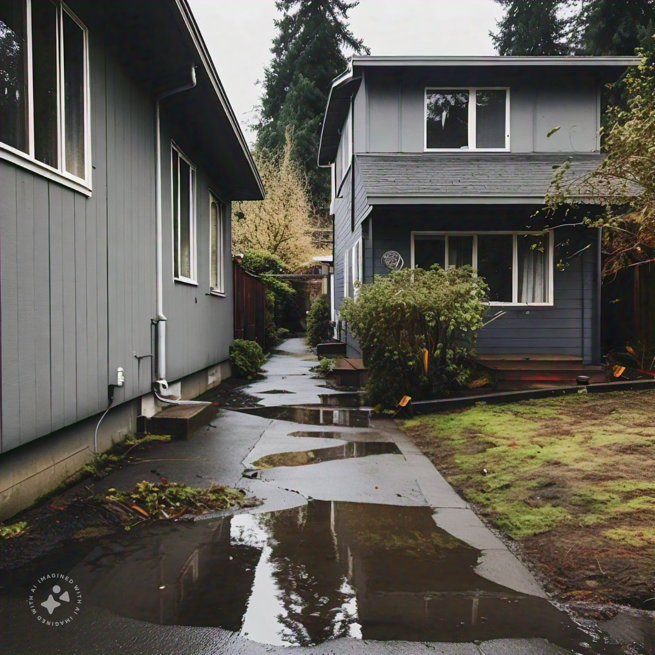 pooling_water_on_a_sidewalk_walkway_that_goes_along_the_side_of_the ...